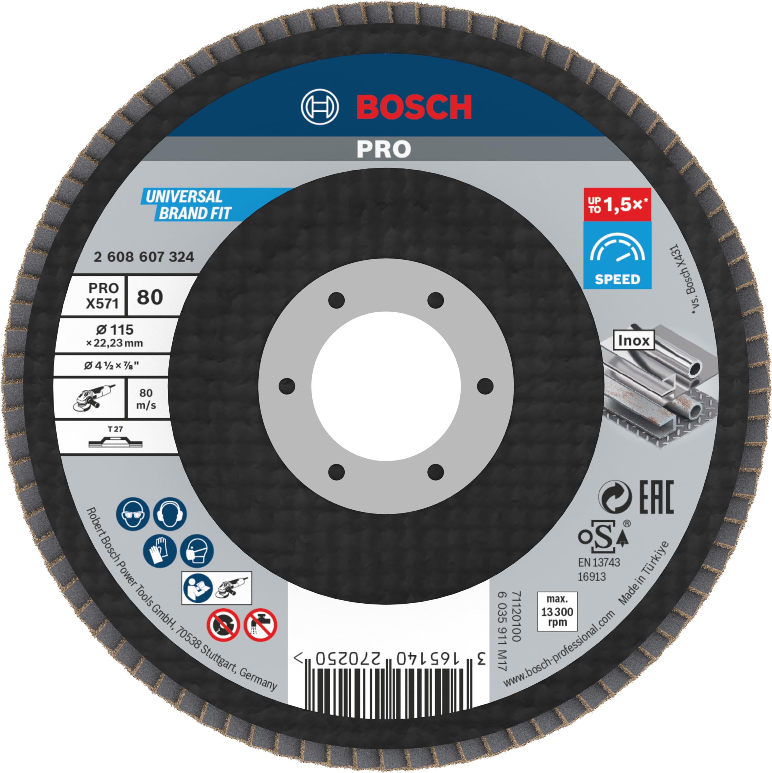 Bosch Accessories 2608607324 X571 Flap Disc for Metal Straight, 115mm Ã˜, 80 Grit, Black/Brown