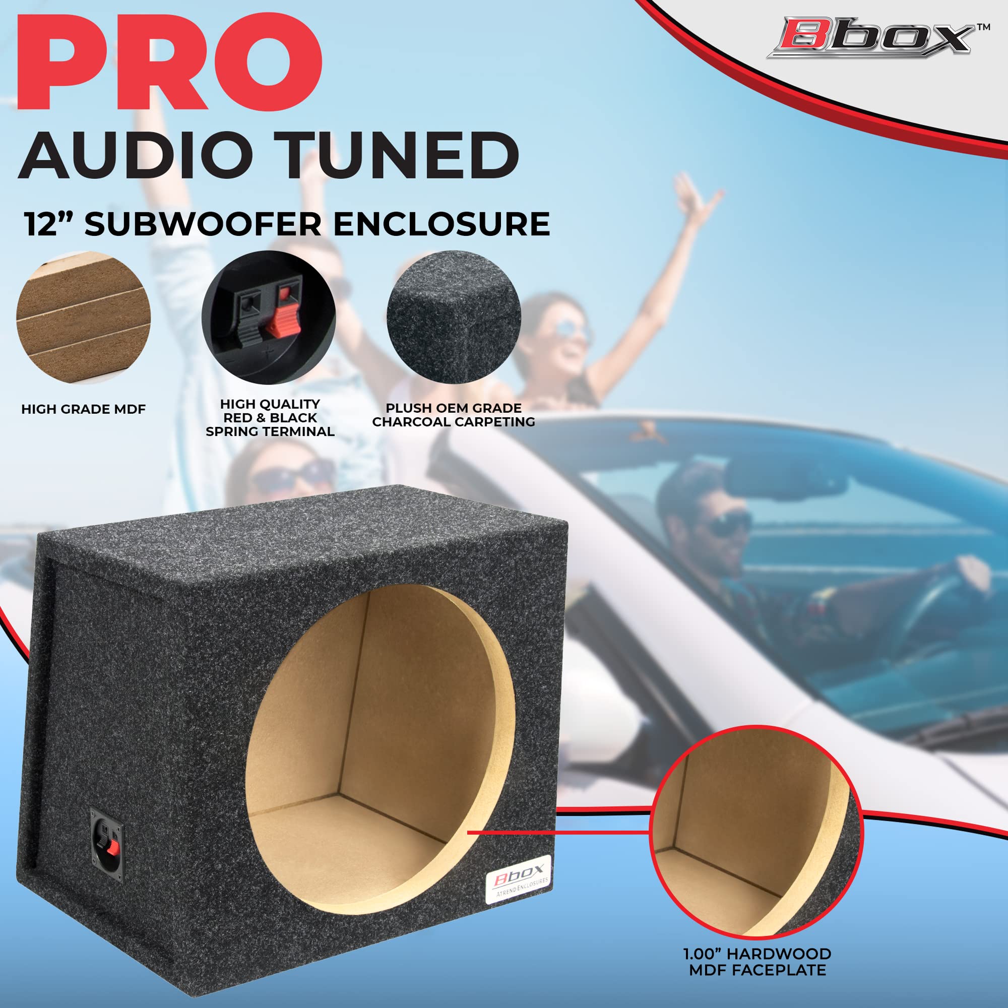 Atrend Bbox Single Sealed 12 Inch Subwoofer Enclosure - Car Subwoofer Boxes & Enclosures - Premium Subwoofer Box Improves Audio Quality, Sound & Bass - Red & Black Spring Terminals - Charcoal