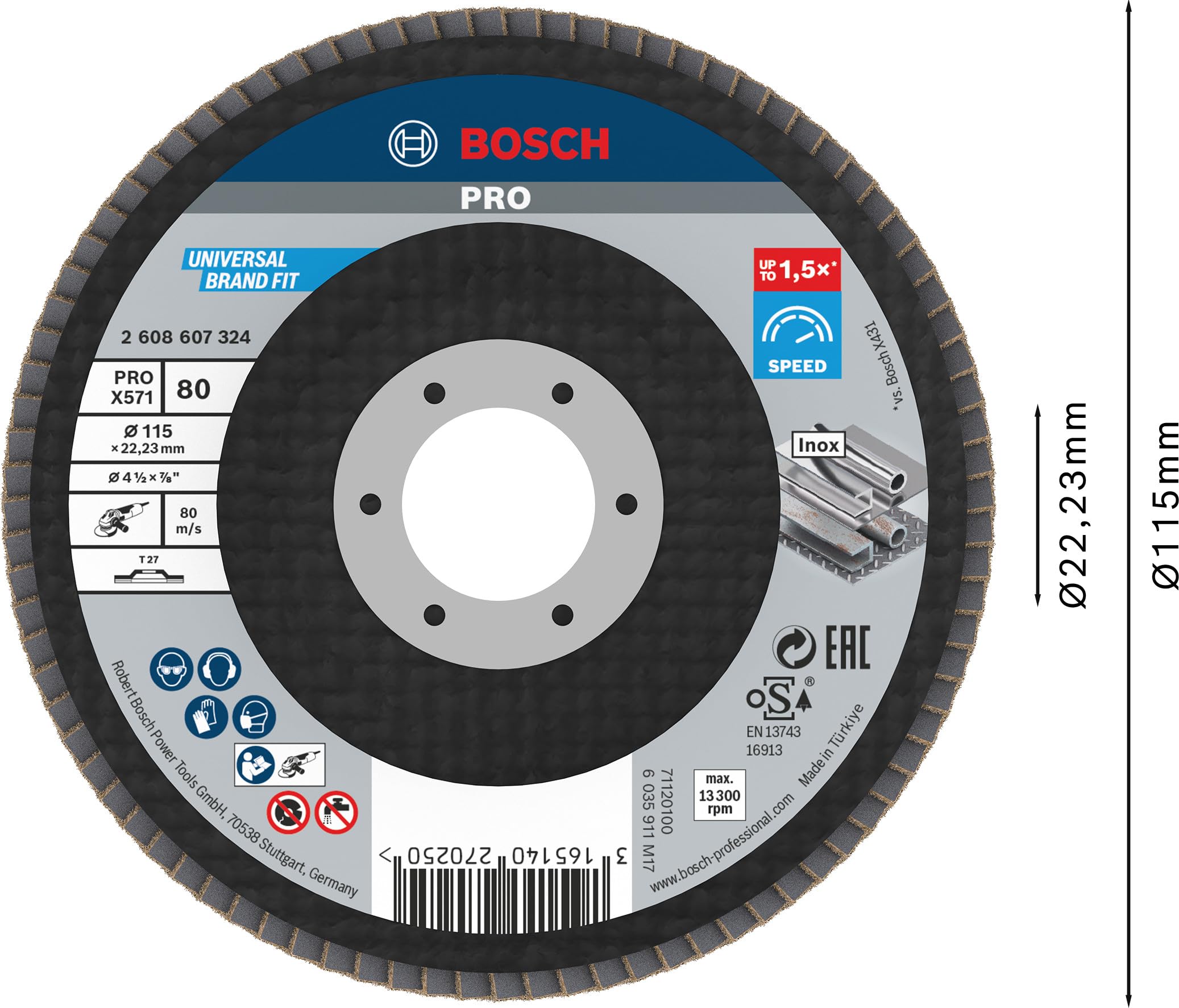 Bosch Accessories 2608607324 X571 Flap Disc for Metal Straight, 115mm Ã˜, 80 Grit, Black/Brown