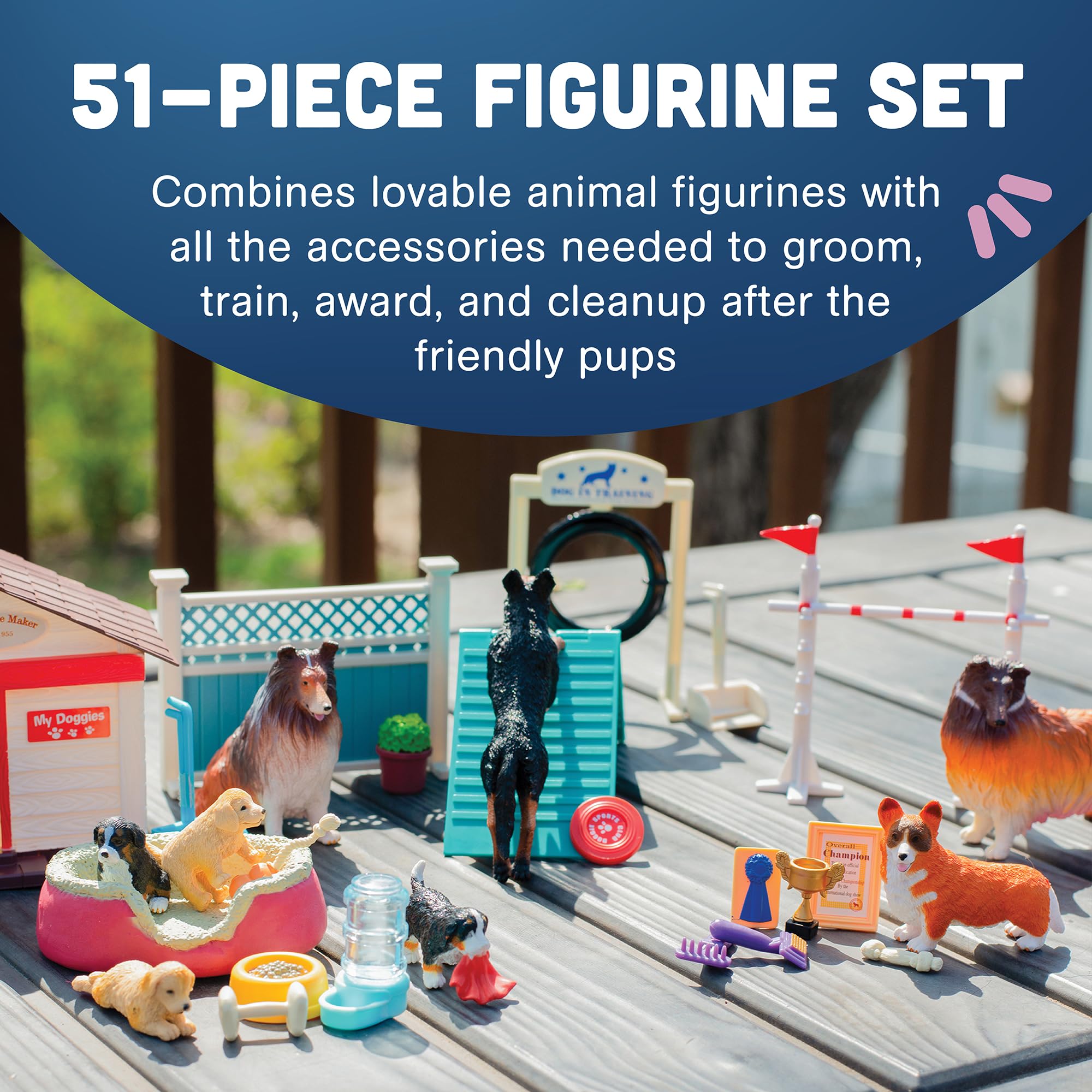 CP Toys Kids 51-Piece Dog Academy Playset with Plastic Toy Dog Figurines, Pretend Play Animal Toys with Dogs, Puppies, and Accessories for Kids Ages 3+, Multicolor