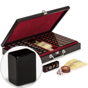 yellow mountain imports chinese mahjong game set, jet set - with 148 small-size black tiles and wooden case, wooden spinner, dice, and scoring sticks (for chinese style game play)