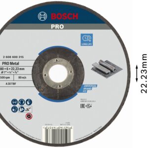 Bosch 2608600315 Metal Grinding Disc, 180mm x 6mm x 22.23mm, Blue