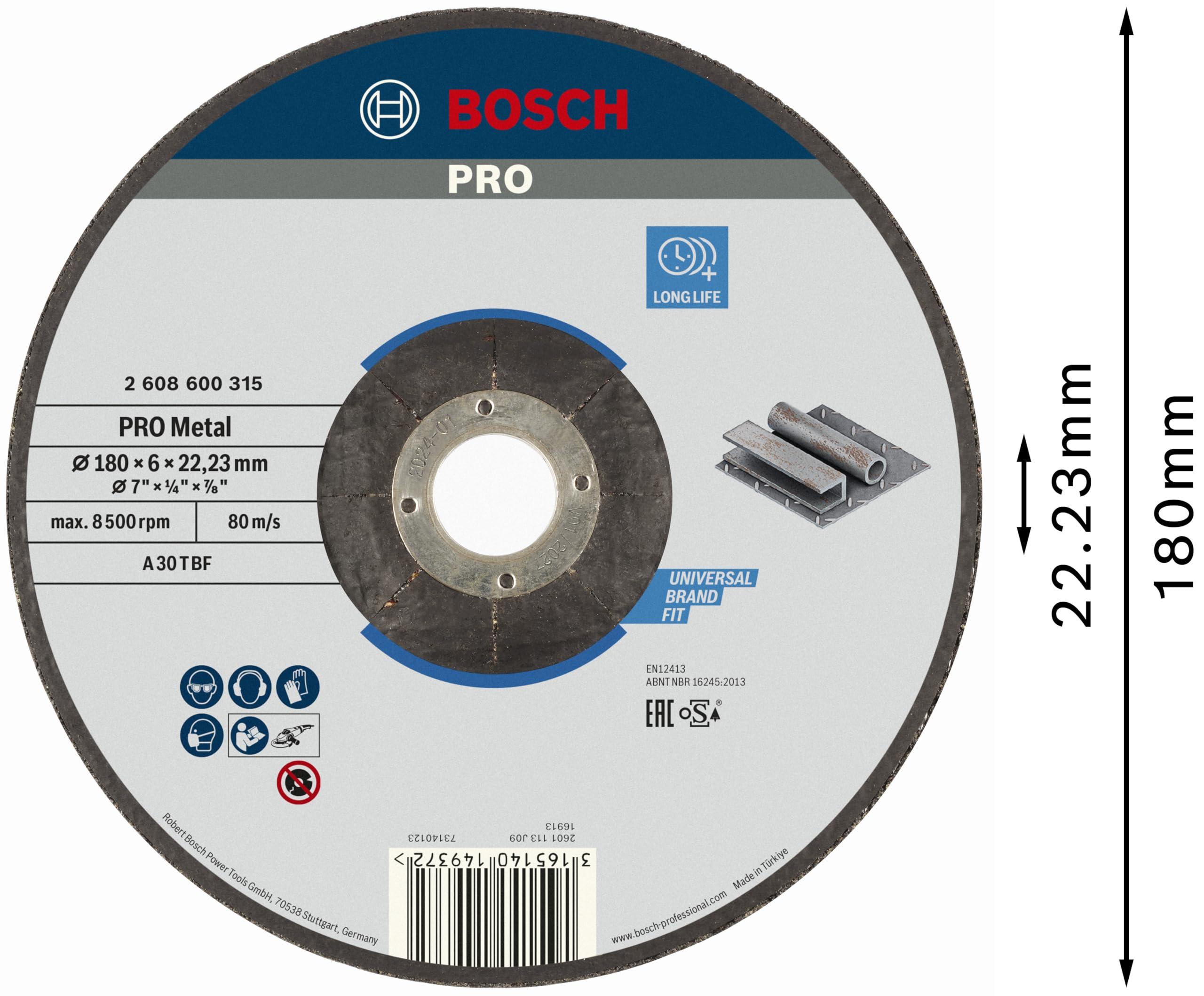 Bosch 2608600315 Metal Grinding Disc, 180mm x 6mm x 22.23mm, Blue