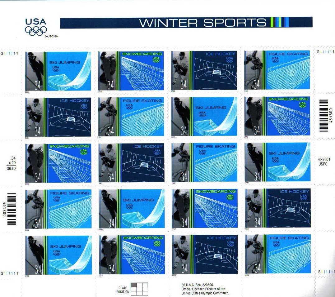 2002 OLYMPIC WINTER SPORTS ~ SALT LAKE CITY UTAH~ SKI JUMPING ~ SNOWBOARDING ~ ICE HOCKEY ~ FIGURE SKATING #3555a Pane of 20 x 34¢ US Postage Stamps