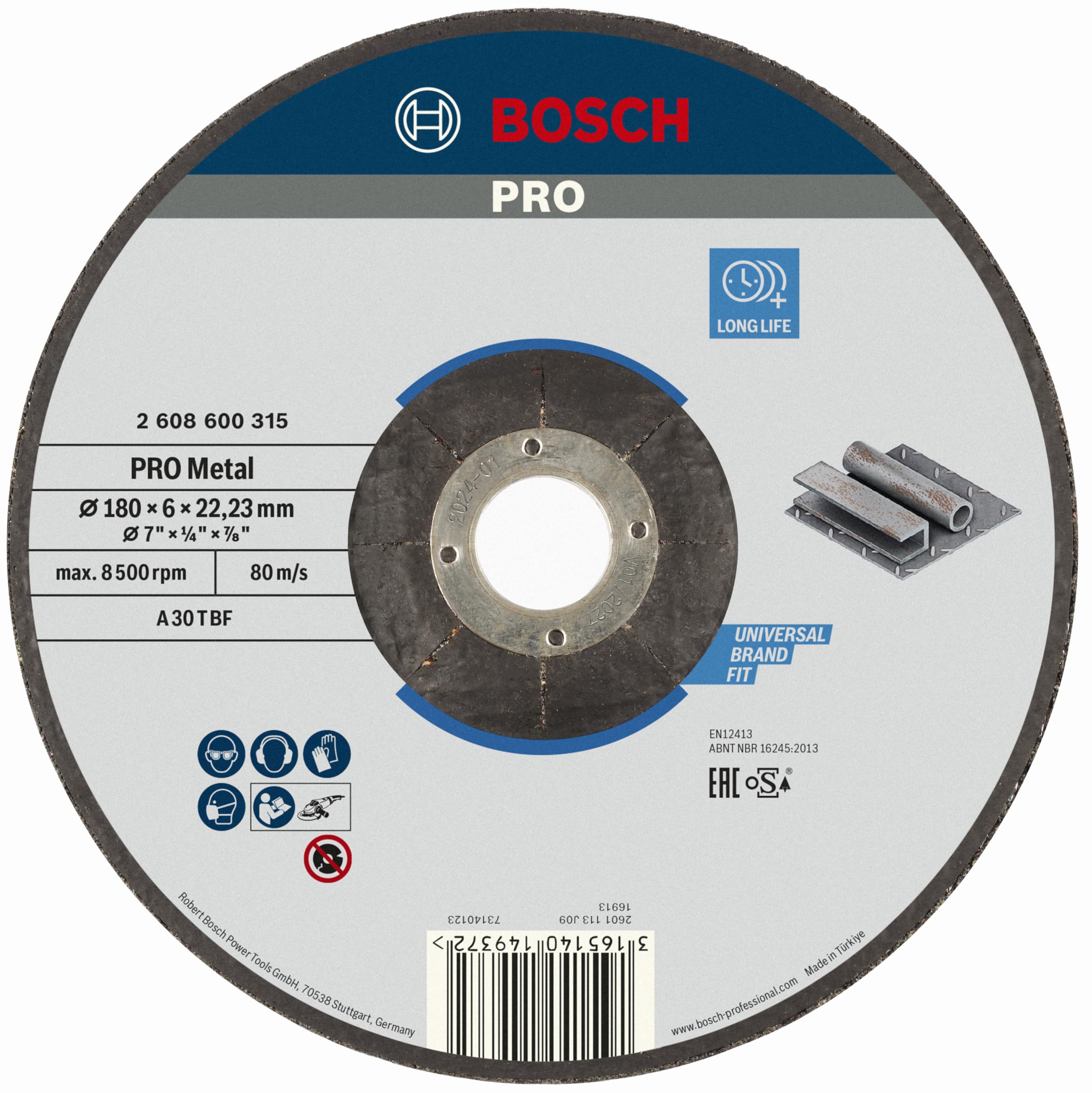 Bosch 2608600315 Metal Grinding Disc, 180mm x 6mm x 22.23mm, Blue