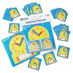 learning resources write & wipe clocks classroom set - 25 pieces, ages 6+ laminated dry-erase, teaching aids, teacher supplies, learning time,back to school supplies