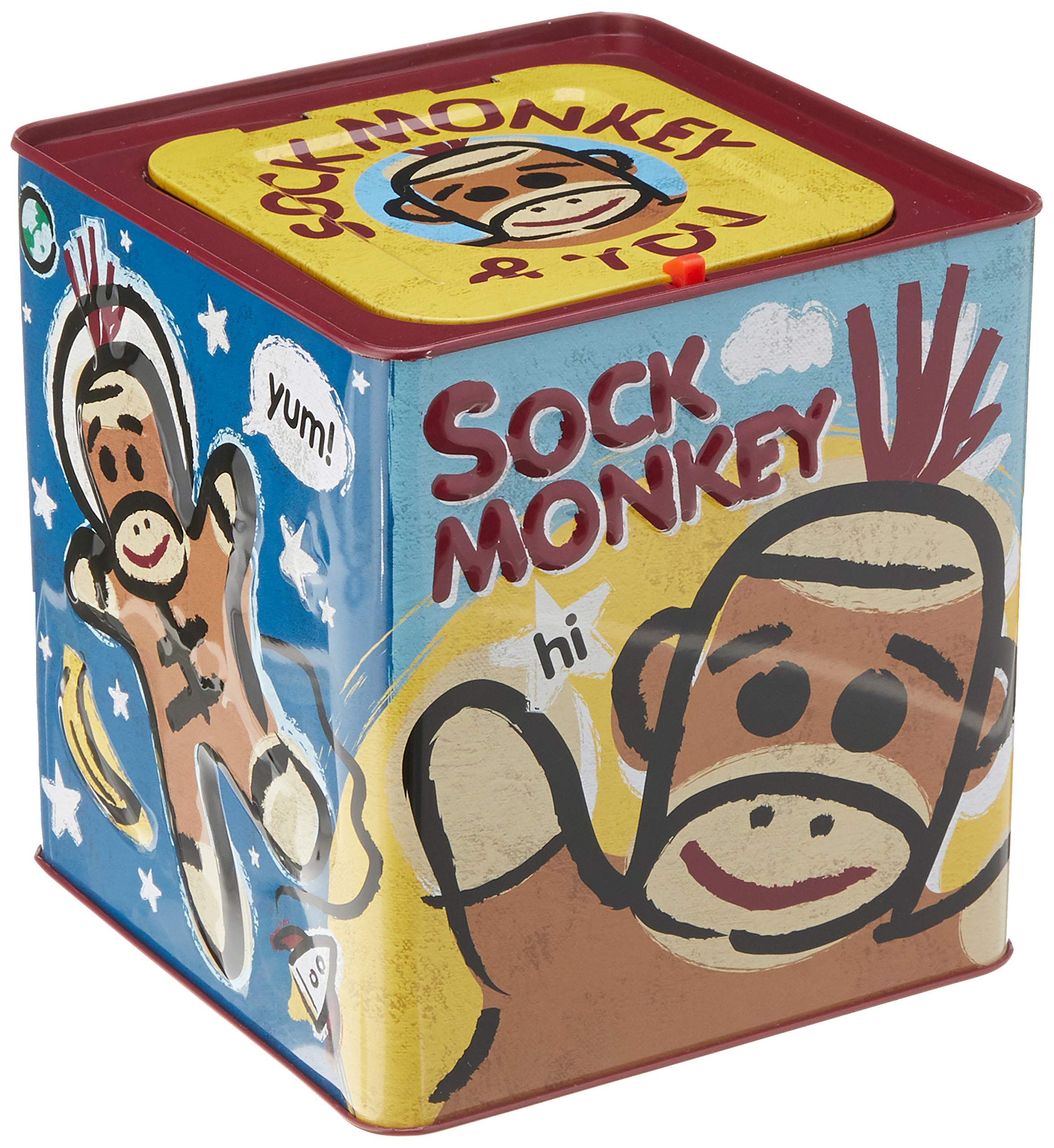 Sock Money Jack in the Box - Timeless Children's Musical Toy - Colorful Embossed Tin Box and Classic Sock Monkey Design - Age 18 months and Up