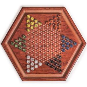 Yellow Mountain Imports Wooden Chinese Checkers Halma Board Game Set - 13.6-Inch - with 60 Colored Petal-Style Glass Marbles (16-Millimeter) - Classic Strategy Game