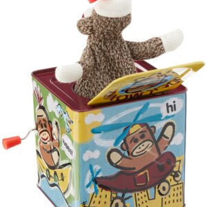 Sock Money Jack in the Box - Timeless Children's Musical Toy - Colorful Embossed Tin Box and Classic Sock Monkey Design - Age 18 months and Up