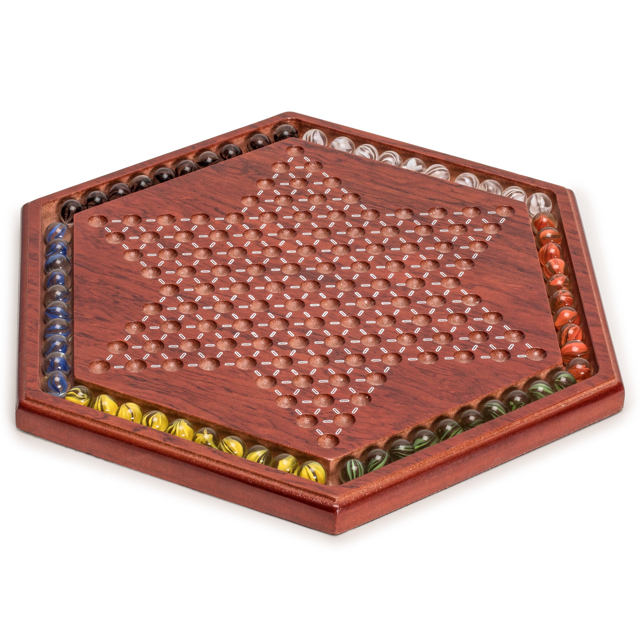 Yellow Mountain Imports Wooden Chinese Checkers Halma Board Game Set - 13.6-Inch - with 60 Colored Petal-Style Glass Marbles (16-Millimeter) - Classic Strategy Game