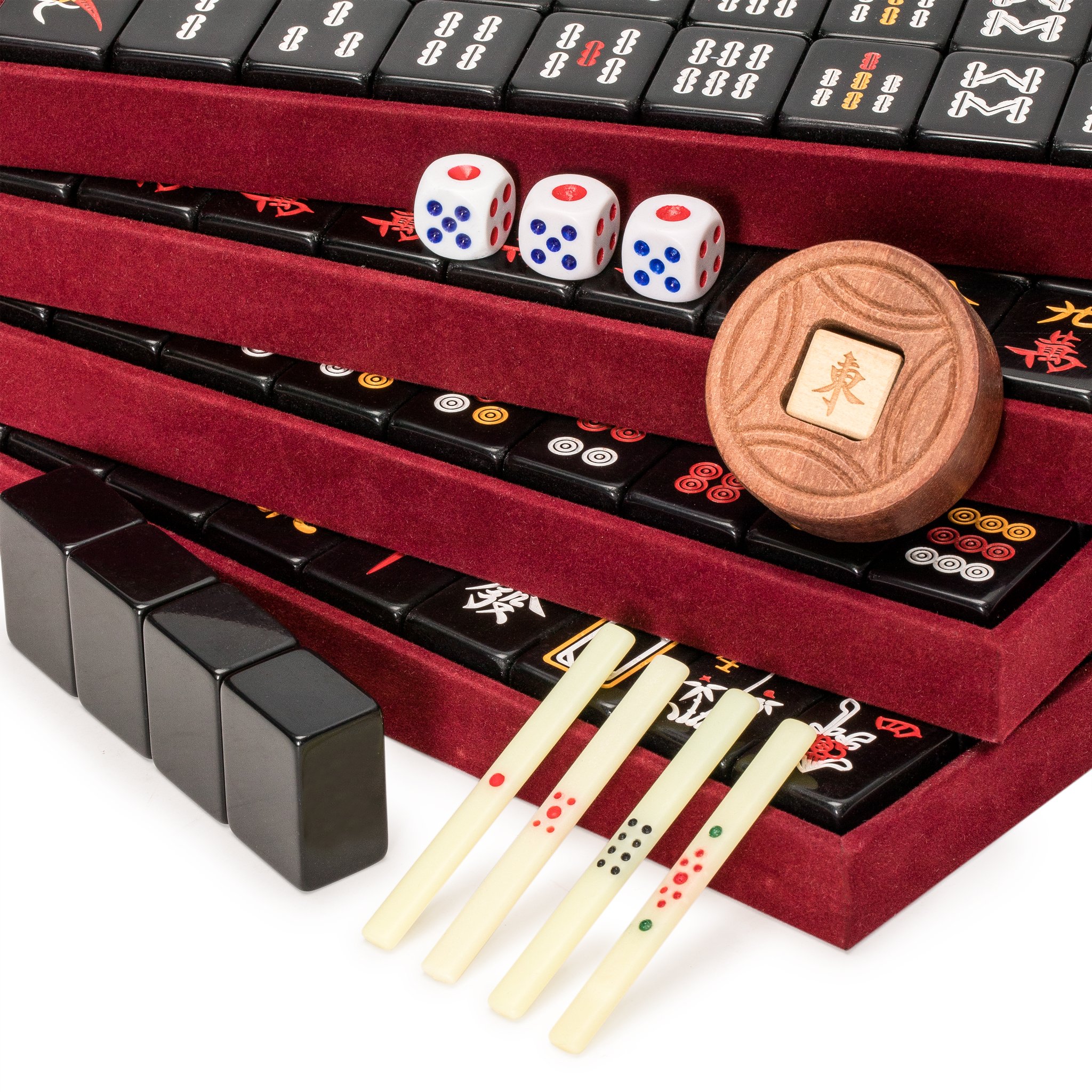 Yellow Mountain Imports Chinese Mahjong Game Set, Jet Set - with 148 Small-Size Black Tiles and Wooden Case, Wooden Spinner, Dice, and Scoring Sticks (for Chinese Style Game Play)