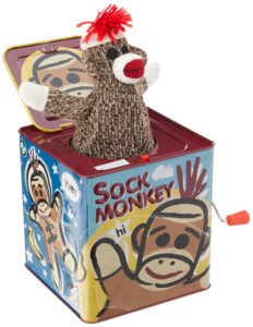 sock money jack in the box - timeless children's musical toy - colorful embossed tin box and classic sock monkey design - age 18 months and up