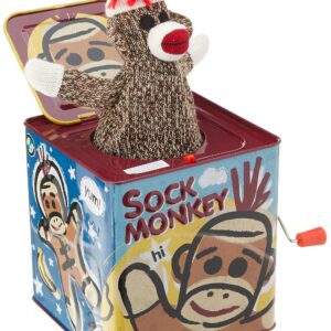 Sock Money Jack in the Box - Timeless Children's Musical Toy - Colorful Embossed Tin Box and Classic Sock Monkey Design - Age 18 months and Up