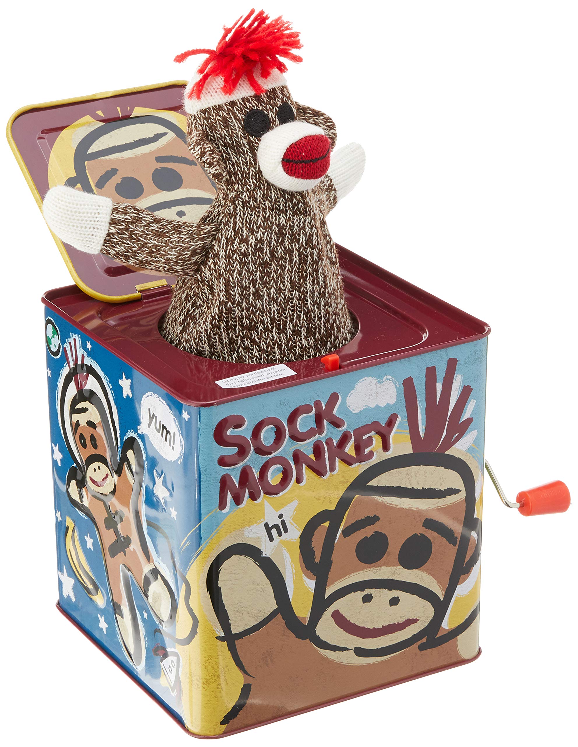 Sock Money Jack in the Box - Timeless Children's Musical Toy - Colorful Embossed Tin Box and Classic Sock Monkey Design - Age 18 months and Up