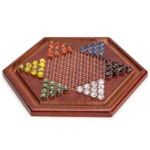 Yellow Mountain Imports Wooden Chinese Checkers Halma Board Game Set - 13.6-Inch - with 60 Colored Petal-Style Glass Marbles (16-Millimeter) - Classic Strategy Game