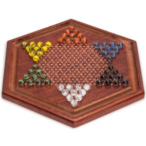 Yellow Mountain Imports Wooden Chinese Checkers Halma Board Game Set - 13.6-Inch - with 60 Colored Petal-Style Glass Marbles (16-Millimeter) - Classic Strategy Game