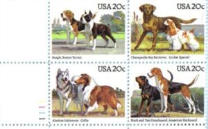 american dogs plate block of 4 x 20 cent us postage stamps scott 2101a