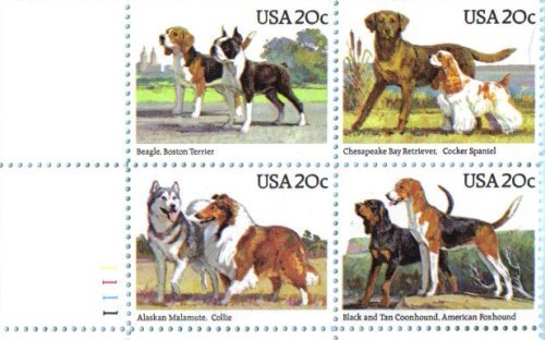 American Dogs Plate Block of 4 x 20 Cent US Postage Stamps Scott 2101a