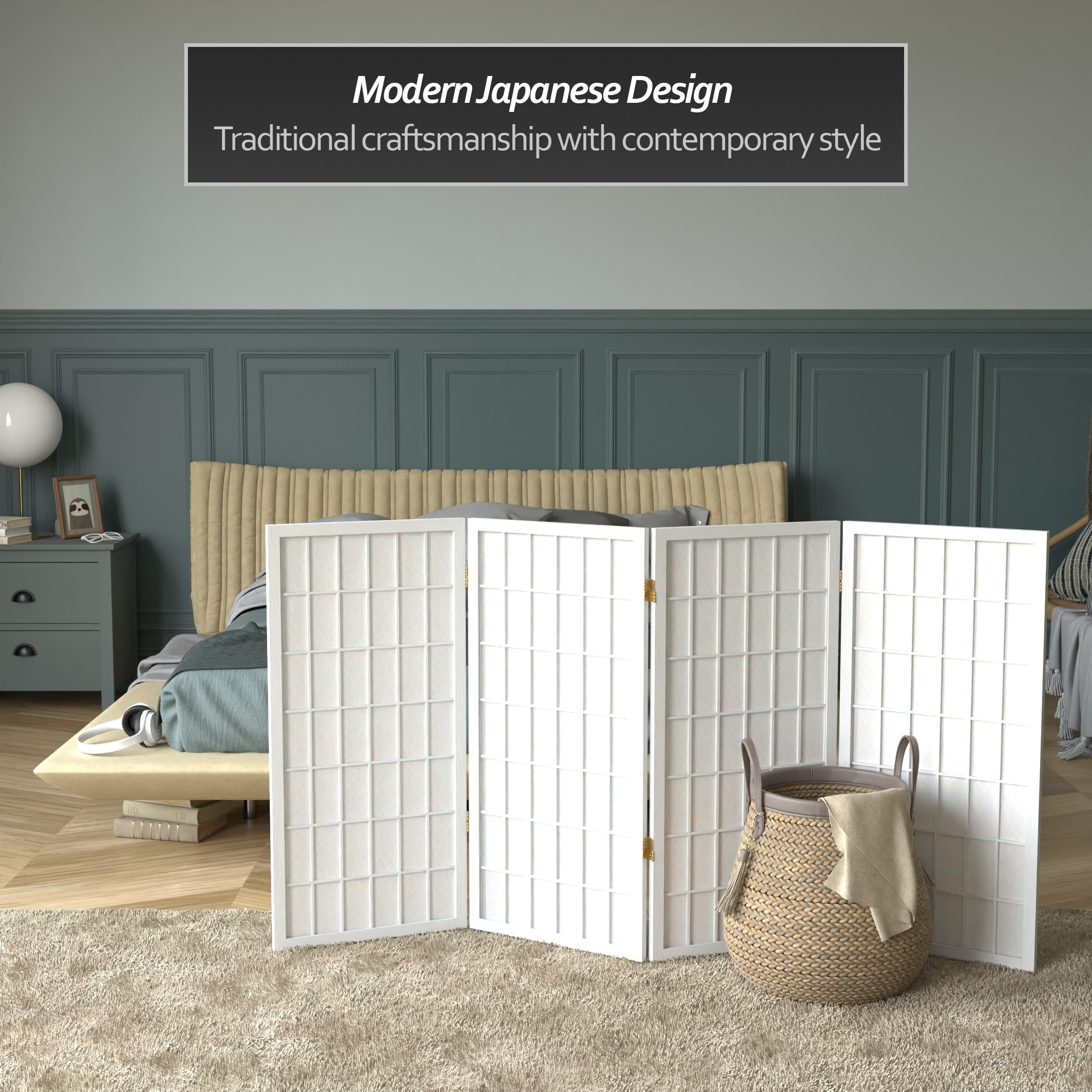 3 ft. Short Window Pane Shoji Screen - White - 4 Panels