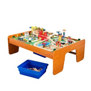 kidkraft ride around town wooden train set and table with helicopter, airplane, farm, storage bins and 100 pieces, compatible with other major brand trains, honey