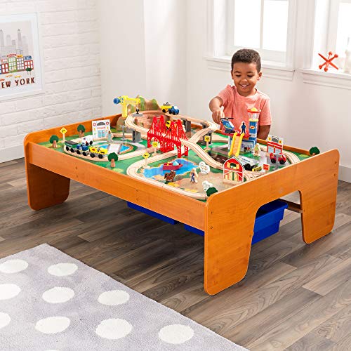 KidKraft Ride Around Town Wooden Train Set and Table with Helicopter, Airplane, Farm, Storage Bins and 100 Pieces, Compatible with Other Major Brand Trains, Honey