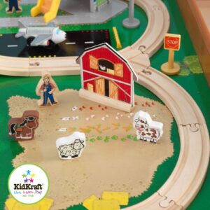 KidKraft Ride Around Town Wooden Train Set and Table with Helicopter, Airplane, Farm, Storage Bins and 100 Pieces, Compatible with Other Major Brand Trains, Honey