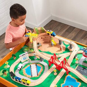 KidKraft Ride Around Town Wooden Train Set and Table with Helicopter, Airplane, Farm, Storage Bins and 100 Pieces, Compatible with Other Major Brand Trains, Honey