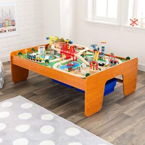 KidKraft Ride Around Town Wooden Train Set and Table with Helicopter, Airplane, Farm, Storage Bins and 100 Pieces, Compatible with Other Major Brand Trains, Honey