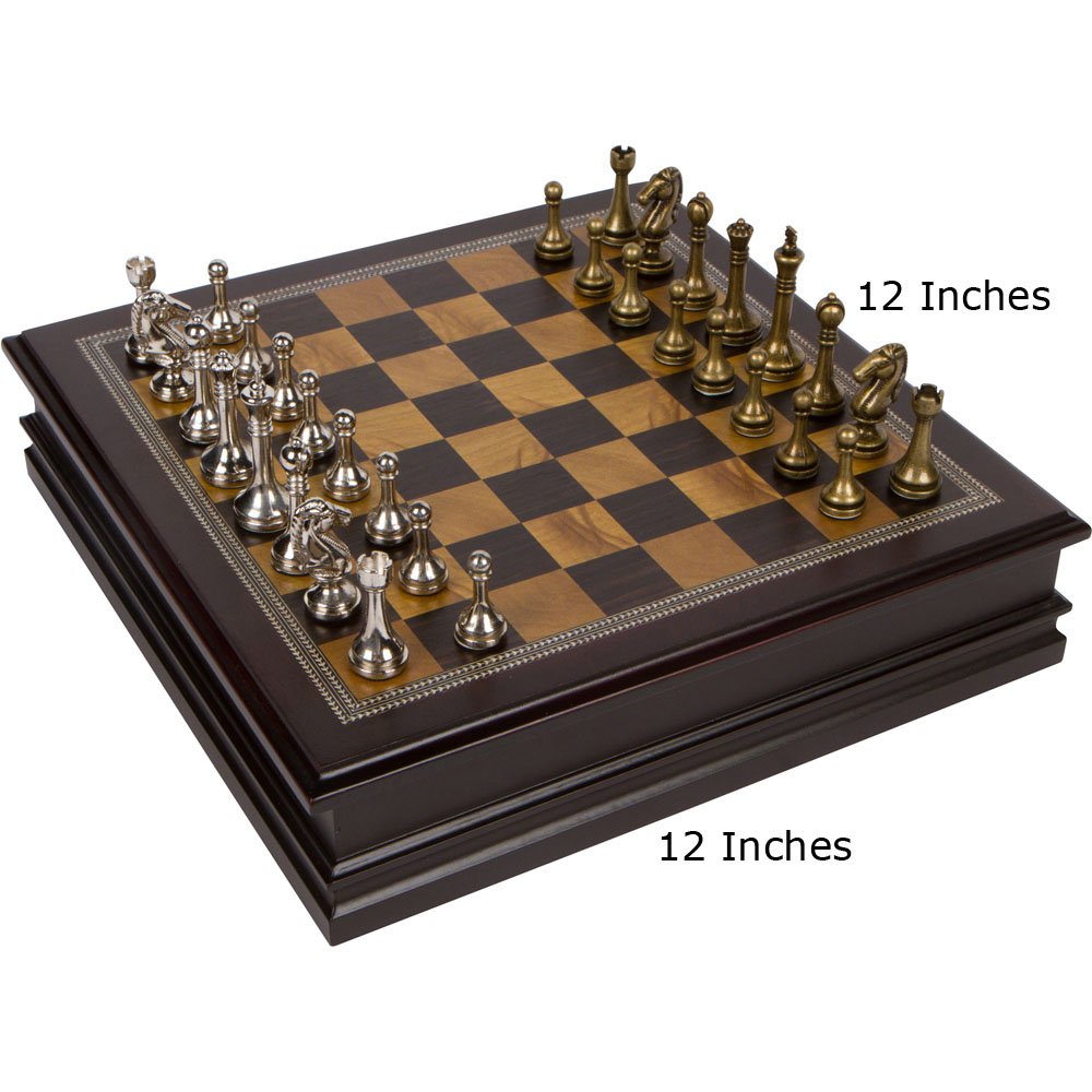 Grace Chess Inlaid Wood Board Game Set with Metal Pieces, Medium 12 x 12 Inch