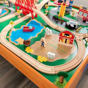 KidKraft Ride Around Town Wooden Train Set and Table with Helicopter, Airplane, Farm, Storage Bins and 100 Pieces, Compatible with Other Major Brand Trains, Honey