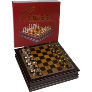 grace chess inlaid wood board game set with metal pieces, medium 12 x 12 inch