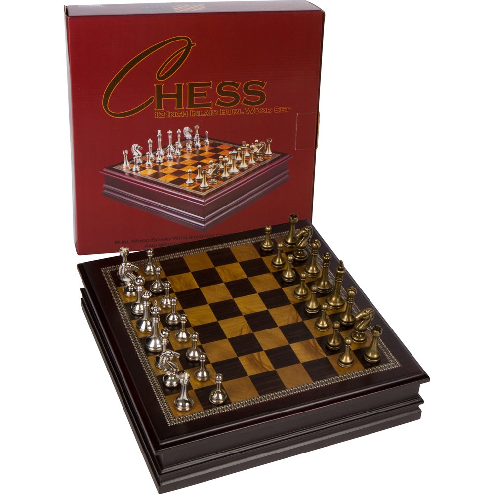 Grace Chess Inlaid Wood Board Game Set with Metal Pieces, Medium 12 x 12 Inch