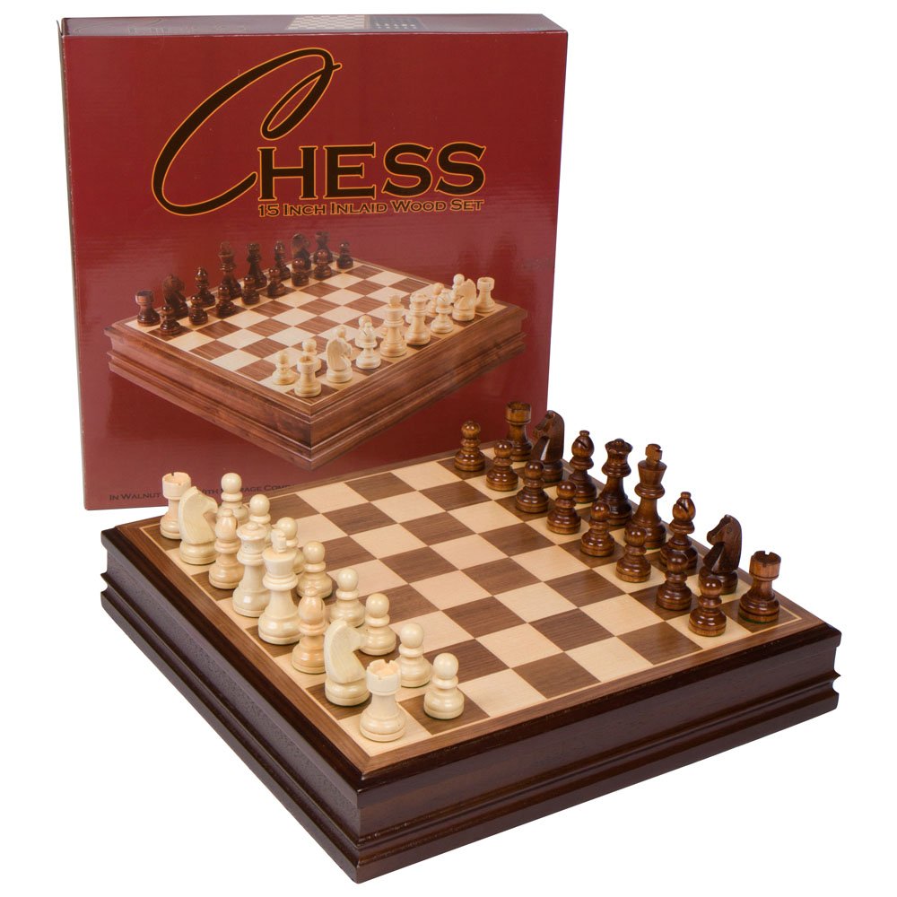 Catherine Chess Inlaid Wood Board Game with Wooden Pieces, Large 15 x 15 Inch Set