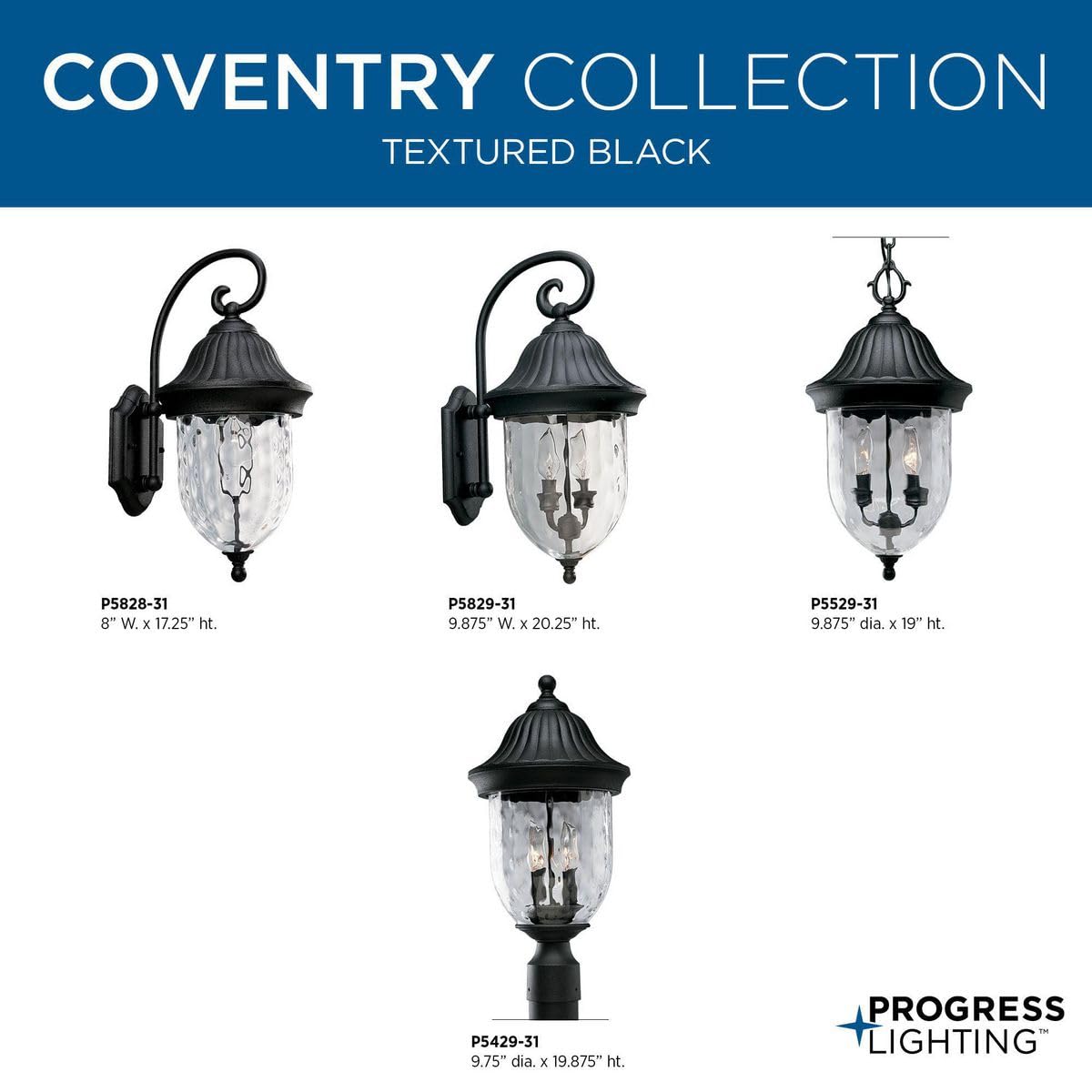 Progress Lighting P5828-31 Coventry Outdoor, 8-Inch Width x 17-1/4-Inch Height, Black