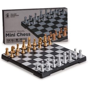 yellow mountain imports travel magnetic chess mini-set (6.3 inches) - compact, folding, educational board game