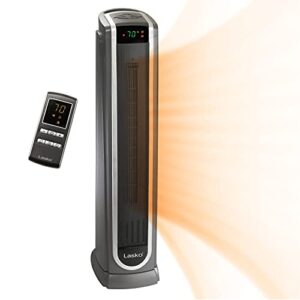 lasko oscillating ceramic tower space heater with logic center digital remote control, adjustable thermostat, timer, 2 heat settings, overheat protection, 29 inches, gray, 5572