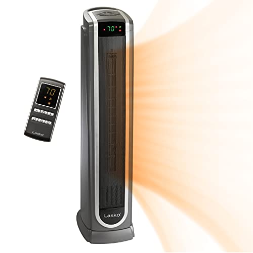 Lasko Oscillating Ceramic Tower Space Heater with Logic Center Digital Remote Control, Adjustable Thermostat, Timer, 2 Heat Settings, Overheat Protection, 29 Inches, Gray, 5572