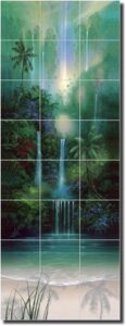 "wailani falls" by david miller - artwork on tile ceramic mural 34" x 12.75" wall shower backsplash