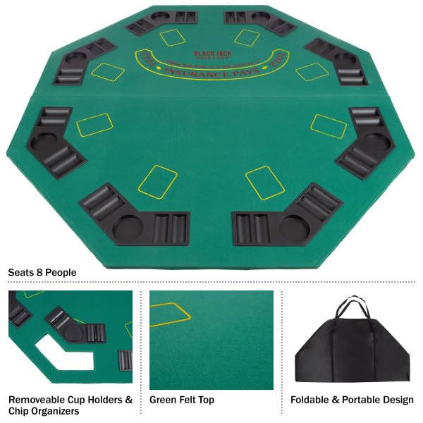 Folding Poker Table Top – 48-Inch Solid Wood Topper – Space for 8 Players – Blackjack Table with Built-In Cupholders and Chip Trays by Trademark Poker, Black,Green