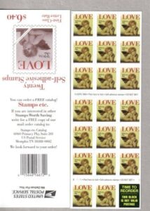 1995 love cherub #2959 single sided booklet of 20 x 32 cents us postage stamps