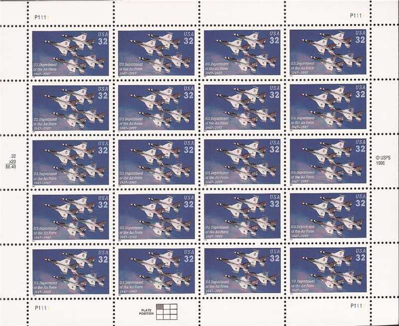 U.S. AIR Force - F-16c Fighter Jets Sheet of Twenty 32 Cent Stamps Scott 3167