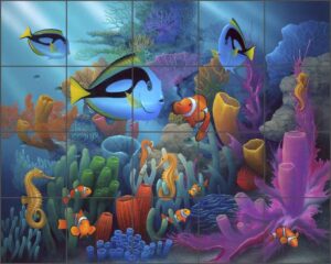 "friends of the sea" by david miller - artwork on tile ceramic mural 24" x 30" kitchen shower backsplash