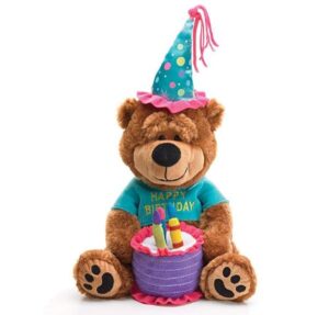 adorable happy birthday teddy bear with cake that plays "happy birthday to you"