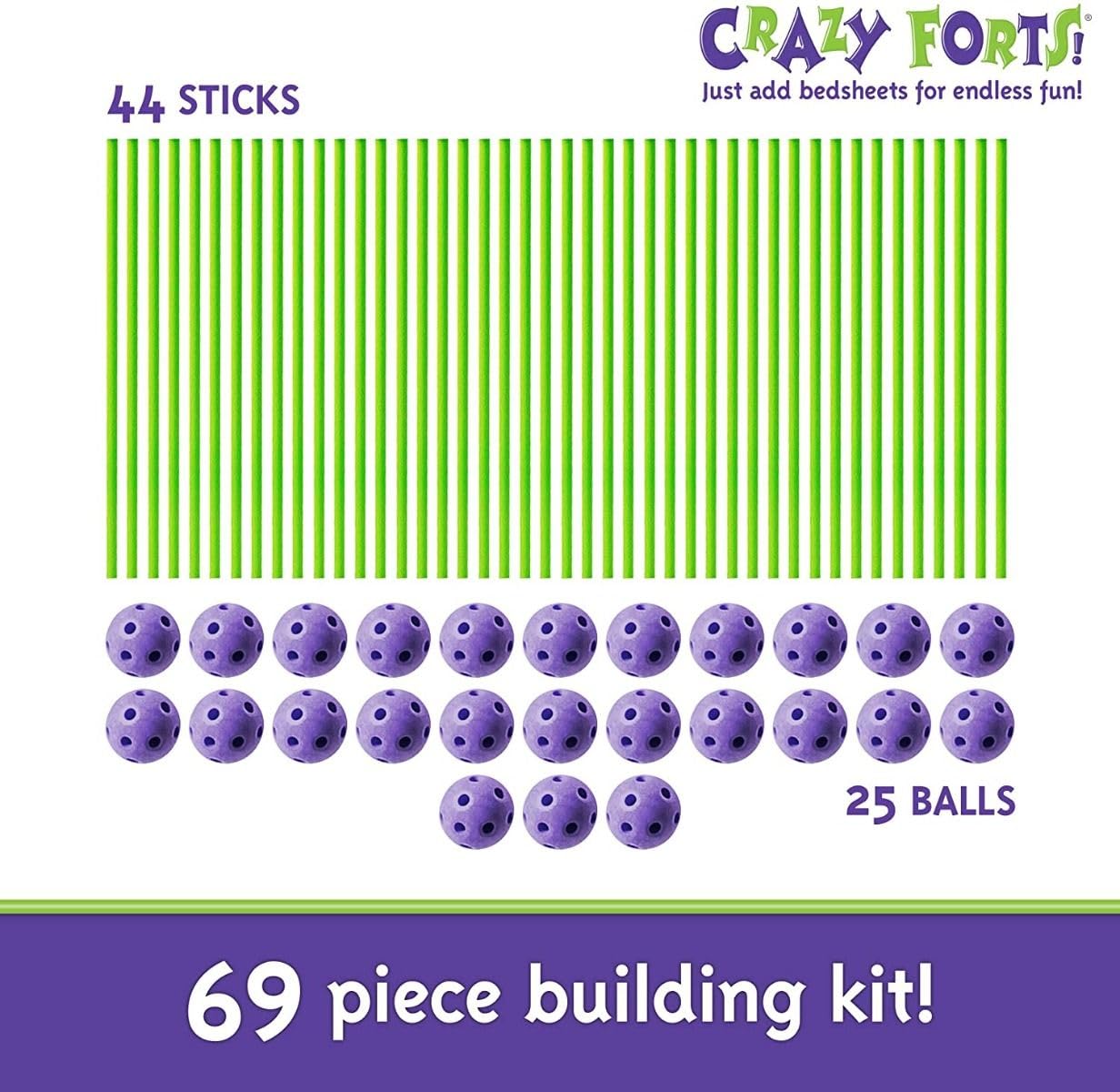 Crazy Forts! 69 Piece Buildable Indoor/Outdoor Play Fort Playset, DIY, Build Your Own, STEAM toy , Purple