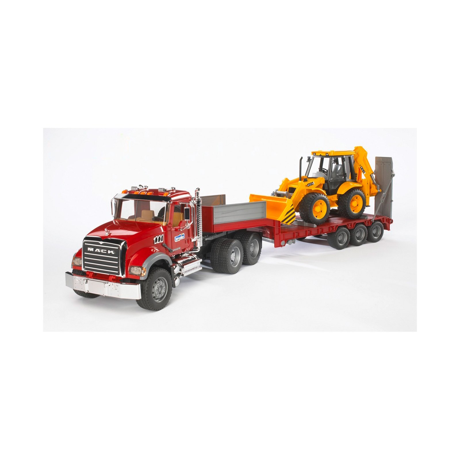 Bruder Toys 02813 Mack Granite Flatbed Truck with JCB Loader Backhoe