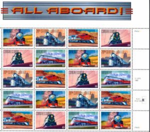 all aboard: railroad (sheet of 20) 33 cent us postage stamps 1999 scott 3333-3337