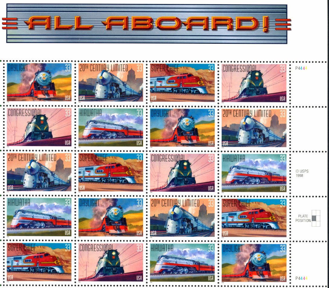 All Aboard: Railroad (Sheet of 20) 33 Cent US Postage Stamps 1999 Scott 3333-3337