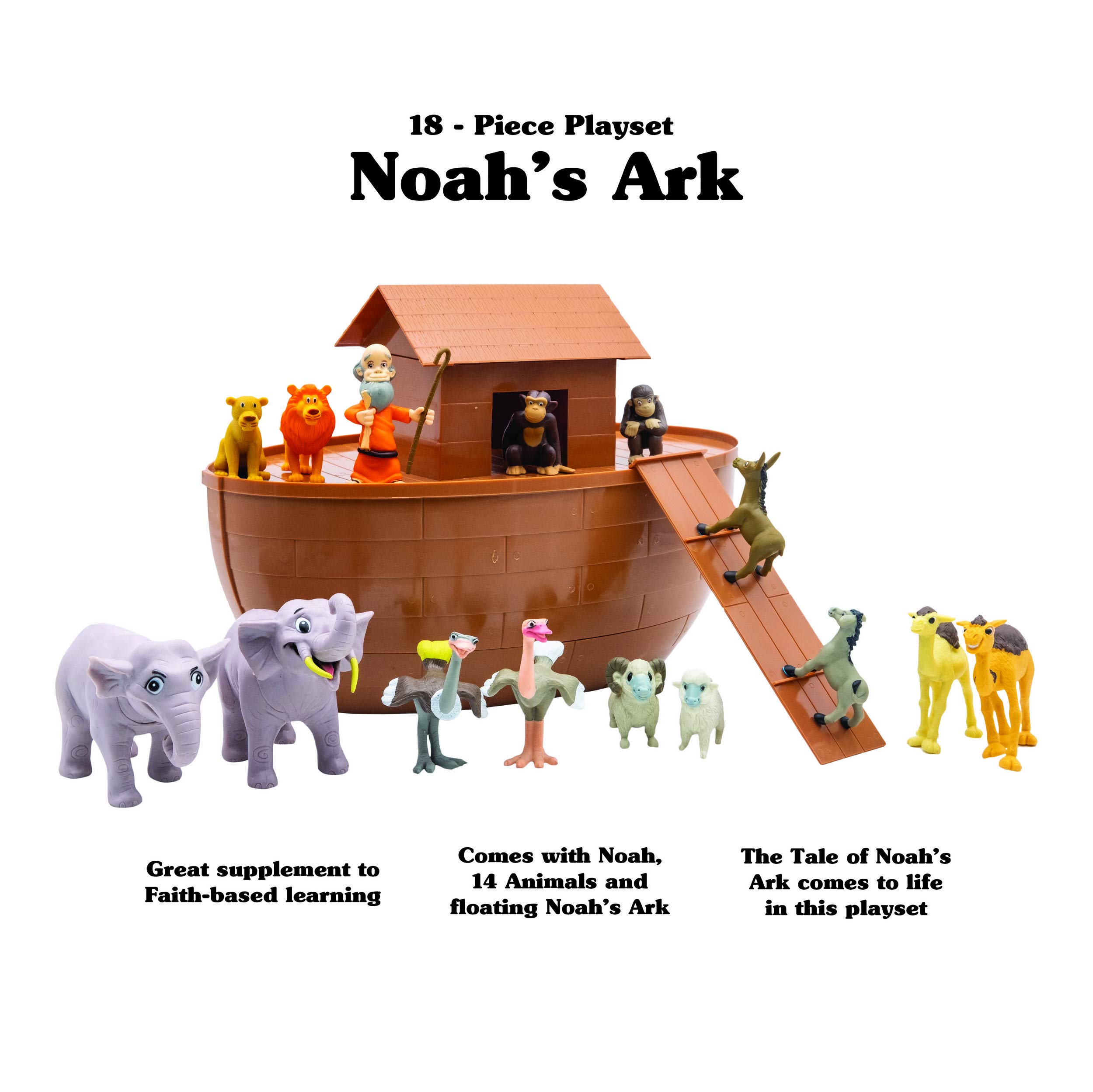 Bible Toys Noah's Ark 17 Piece Playset with Noah, 14 Animals and Floating Ark- Christian Based Faith Children Toys