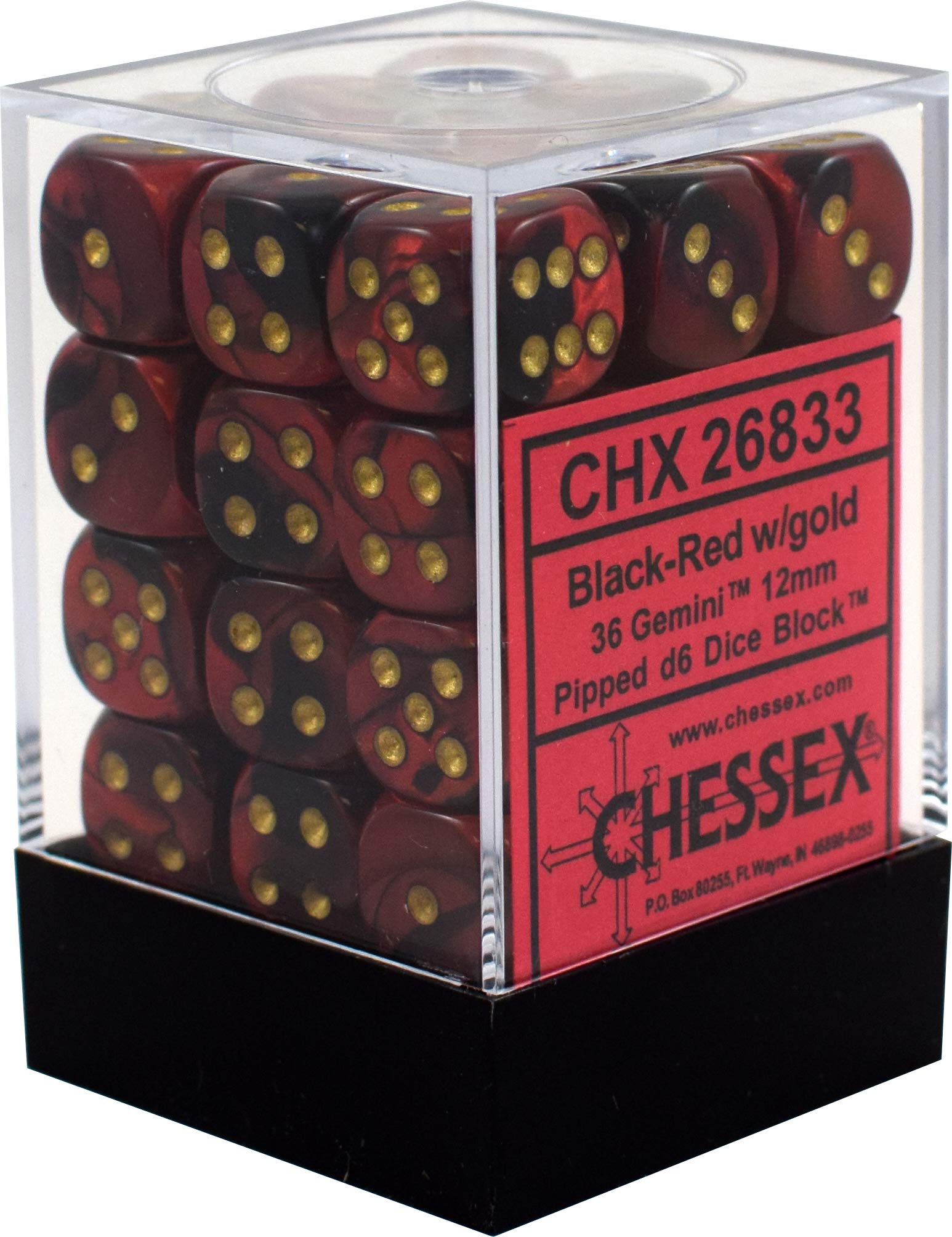 Chessex Gemini Opaque 12mm d6 Black-red with gold Dice Block