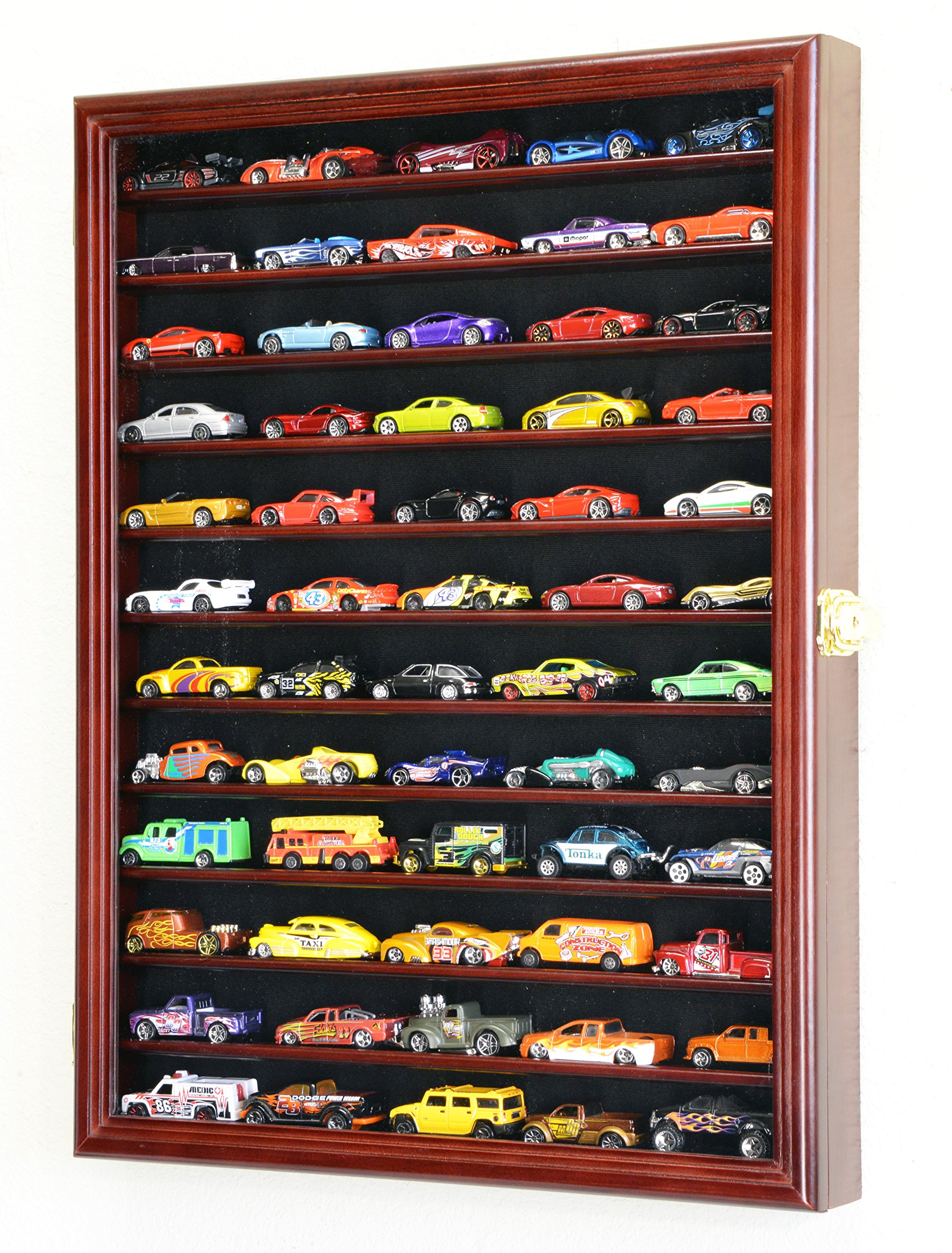 Hot Wheels Matchbox 1/64 Scale Diecast Model Display Case Cabinet Wall Rack w/98% UV Door -Cherry